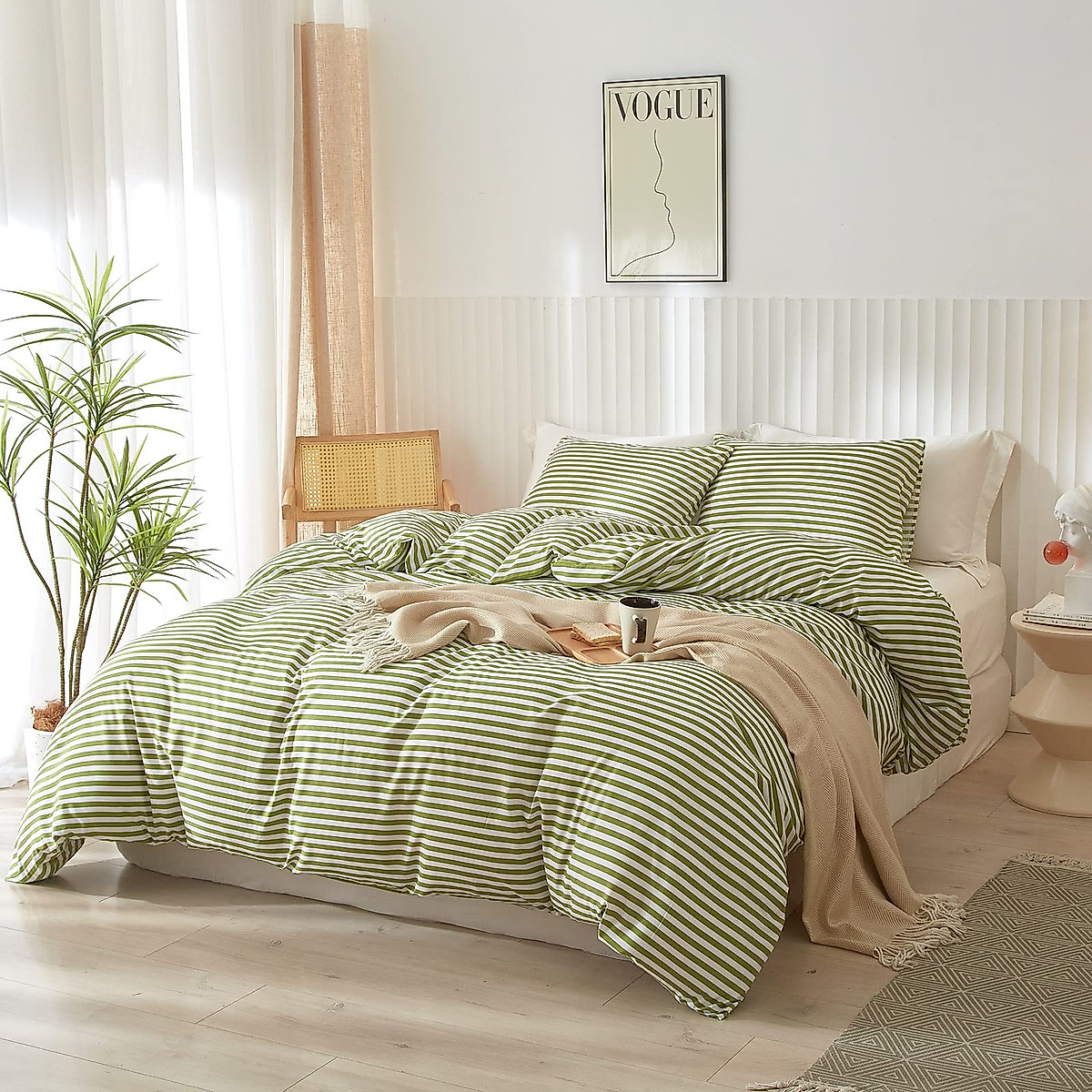 EAVD Duvet Cover Twin Green Striped Duvet Cover Soft Microfiber Green and White Striped Bedding Set with 2 Pillowcases Reversible Geometric Striped Comforter Cover with Zipper Closure