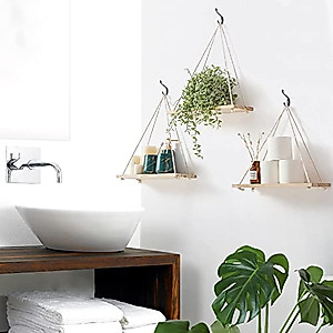 Titanape Macrame Hanging Shelves [Set of 3] Swing Rope Plant Shelf, 100% Natural Wooden Wall Shelves for Nursery Children Room Decor, Boho Shelf for Bedroom Bathroom Dorm Apartment Wall Decor