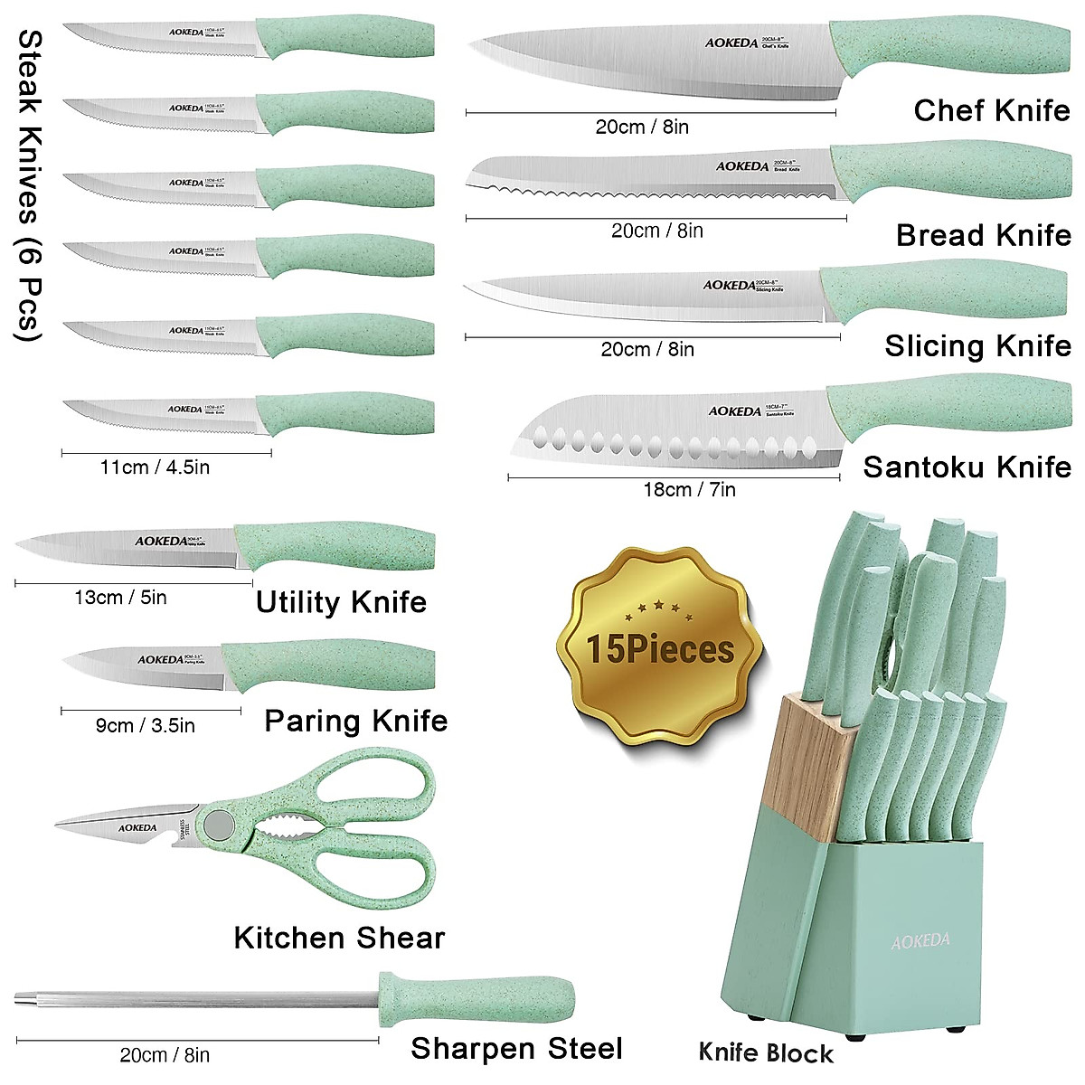 AOKEDA 15pcs Kitchen Knife Set with Block, Sharpener and Scissor, Stainless Steel Knives with Extre-light Straw Handle (Mint Green)