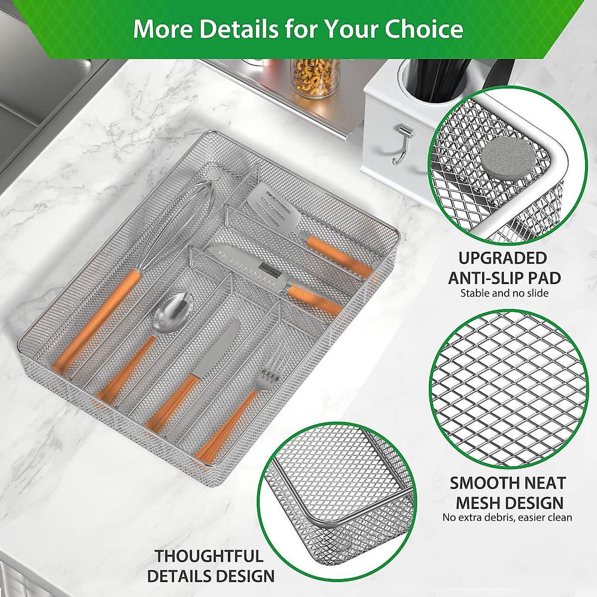 Pipishell Mesh Drawer Organizer Tray for Cutlery Silverware Flatware, 6 Compartments Kitchen Utensils Holder with Anti-slip Mats, Drawer Dividers for Knives Fork Spoon Office Supplies, Large