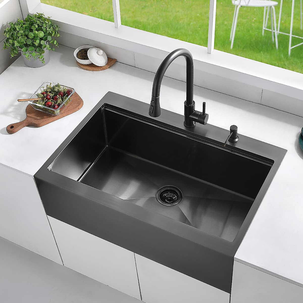 33 Inch Black Drop in Farmhouse Sink, Luckyhorse 33x22x10 Inch 16 Gauge Black Stainless Steel Topmount Workstation Apron Front Kitchen Sink with Accessories LH010S