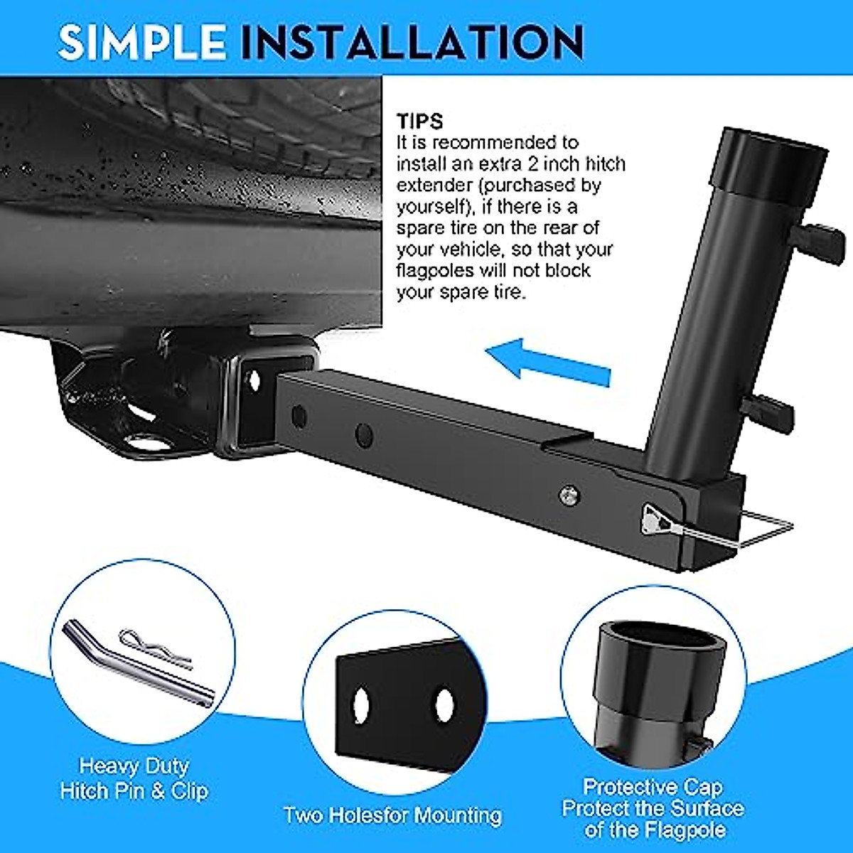 Tanfix Foldable Hitch Mount Flagpole Holder | All Metal Heavy- Duty, Fits Standard 2" Trailer Hitch, Compatible with Jeep, Truck, SUV, RV, Pickup, Camper Trailer (ONE Flagpole)