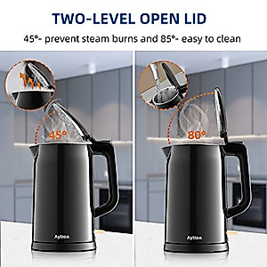 Electric Kettle 1.7L, Aylion 100% Stainless Steel Interior Double Wall Electric Tea Kettle, 1500W Fast Heating, Auto Shut-Off & Boil Dry Protection, BPA Free, LED Indicator, Black