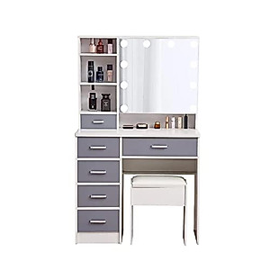 Vanity Set with Sliding Lighted Mirror, Vanity Desk Makeup Vanity Dressing Table with LED Lights, 6 Drawers, Hidden Shelves & Cushioned Stool for Bedroom