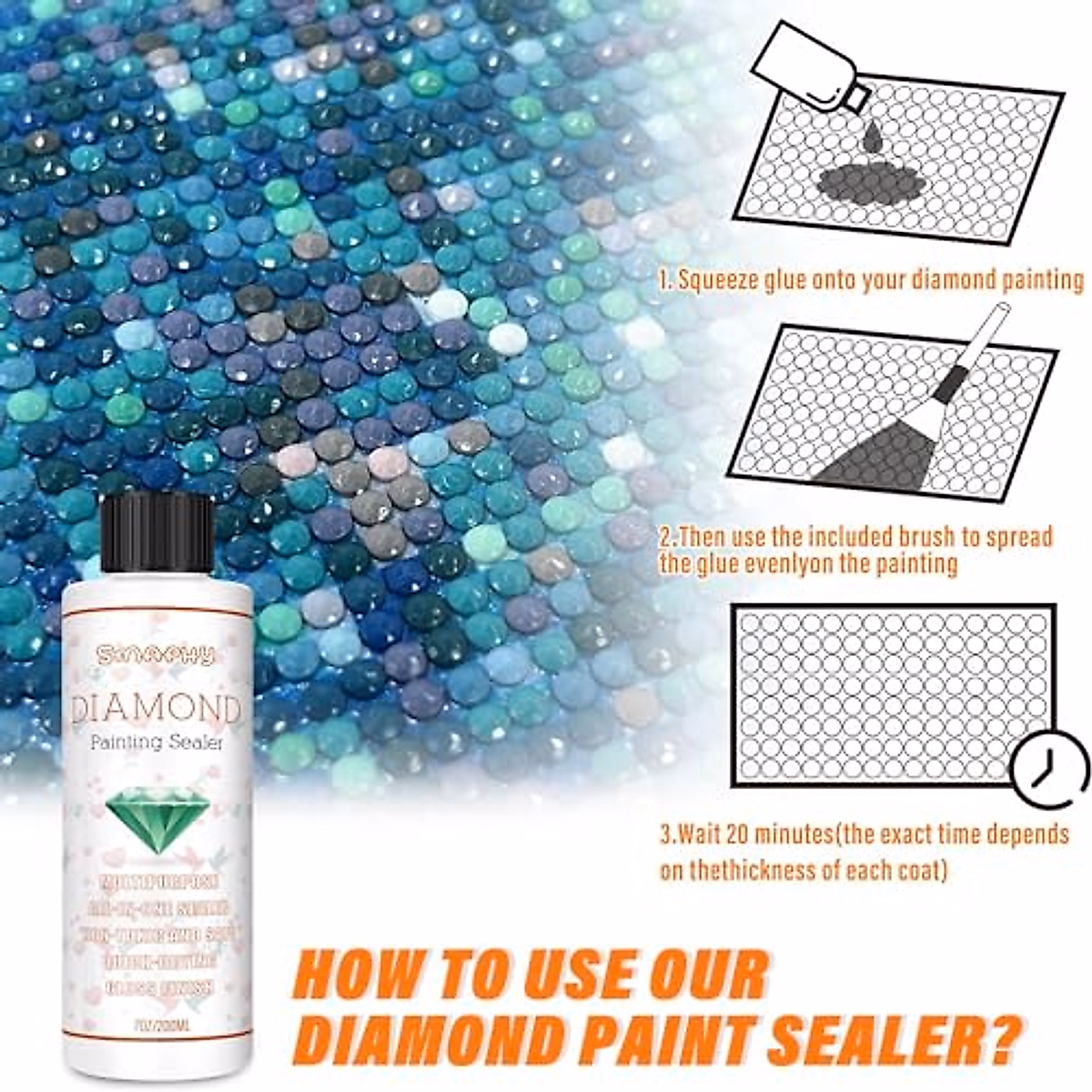 SMAPHY Diamond Painting Sealer 200ML with Silicone Brush, Diamond Art Sealer Permanent Hold & Shine Effect Clear Finish Sealer, High Gloss, for Diamond Painting & Puzzle Glue (7 OZ)