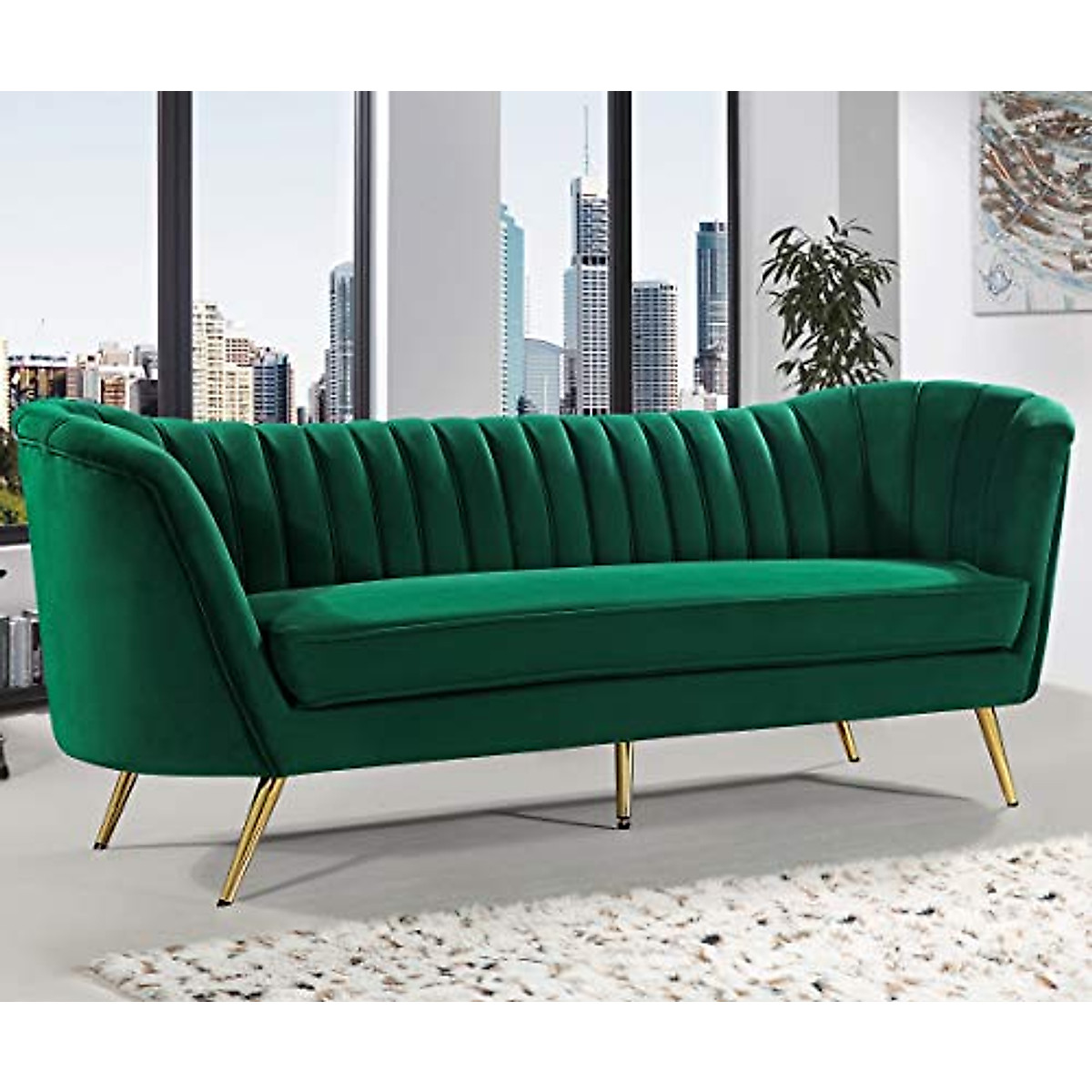 Meridian Furniture Margo Collection Modern | Contemporary Velvet Upholstered Sofa with Deep Channel Tufting and Rich Gold Stainless Steel Legs, Green, 88" W x 30" D x 33" H