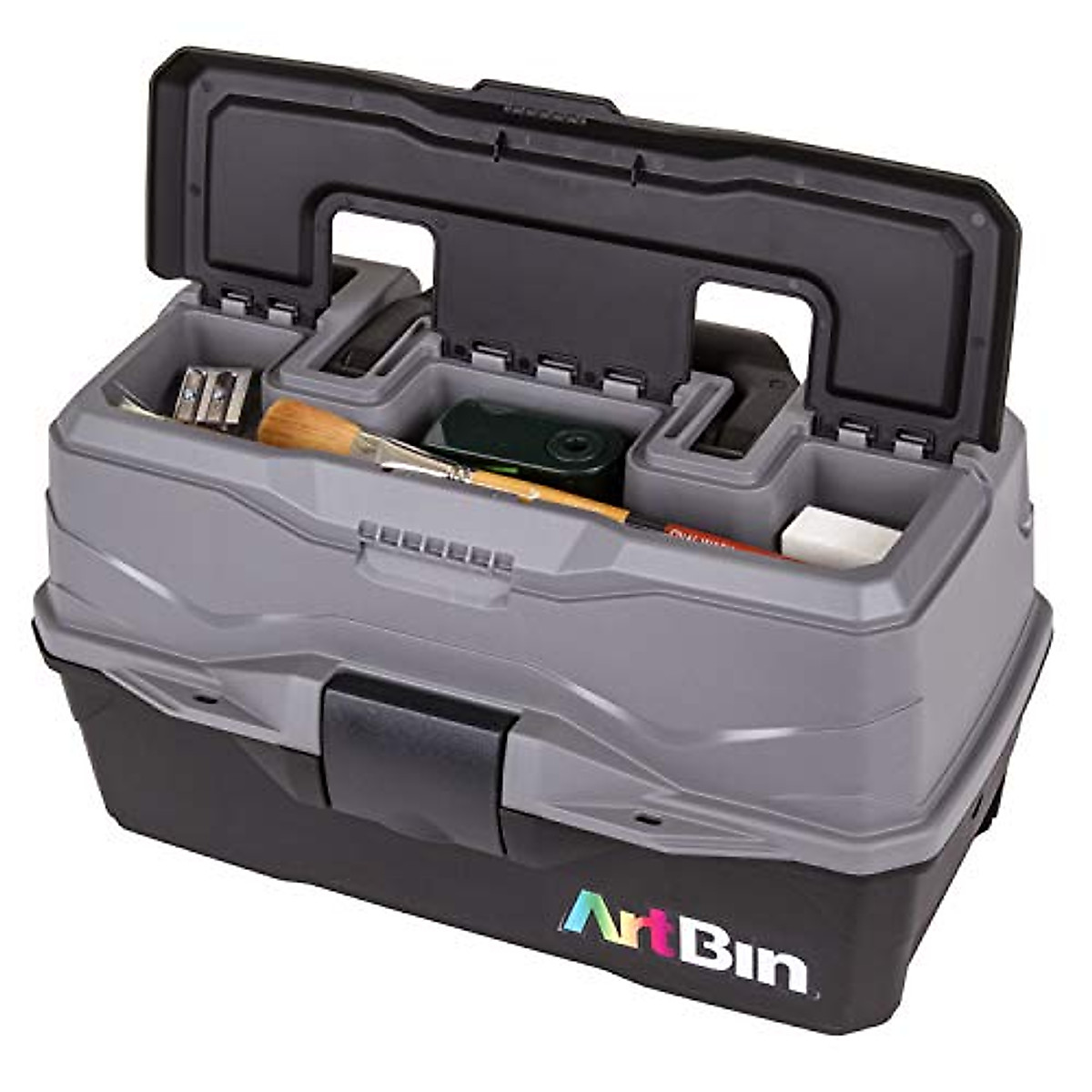 ArtBin 6892AG 2-Tray Art Supply Box, Portable Art & Craft Organizer with Lift-Up Trays, [1] Plastic Storage Case, Gray/Black