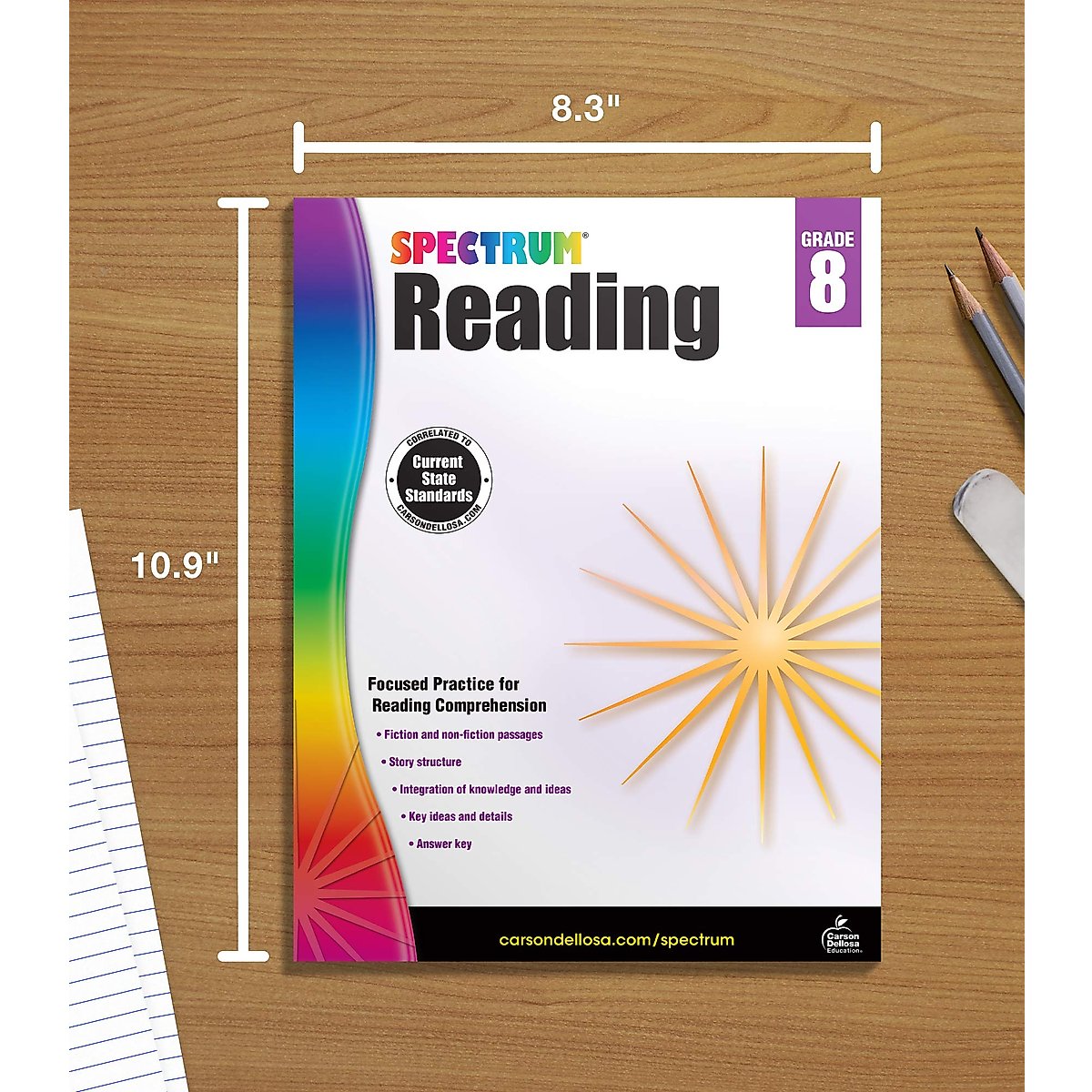 Spectrum Reading Comprehension Grade 8, Ages 13 to 14, 8th Grade Workbooks, Nonfiction and Fiction Passages, Analyzing and Summarizing Story Structure Using Context Clues and Citations - 160 Pages