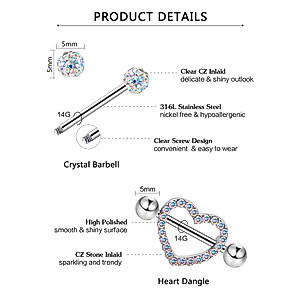 JOVITEC 2 Pairs Stainless Steel Nipple Ring CZ Barbell Rhinestone Nipple Studs for Nipple Tougue Body Piercing, 14 G (AB clolor)
