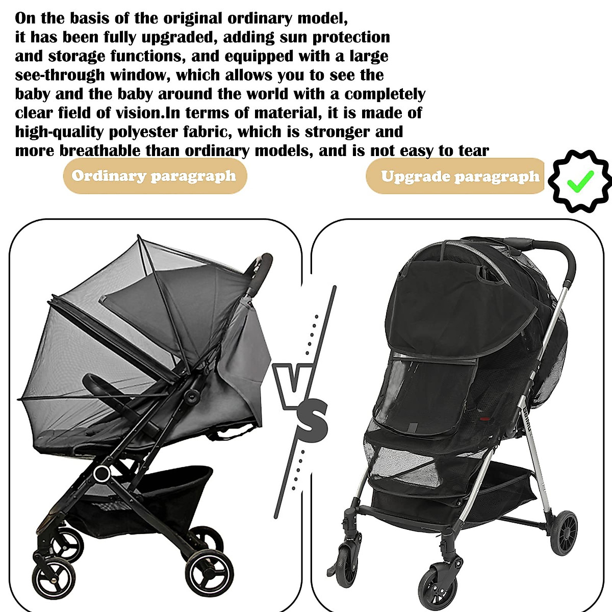BAYWYI 3 in 1 Sun Shade and Mosquito Net for Stroller Sun Protection, Versatile Universal Double Zipper Baby Mosquito Net -