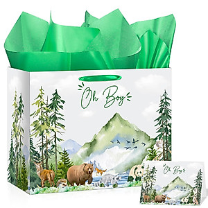 Oh Boy Gift Bags Let The Adventure Begin Awaits Gift Bag with Greeting Card and Tissue Paper Adventure Awaits Decorations Watercolor Greenery Forest Wrapping Paper Bag for Baby Shower Christmas Party