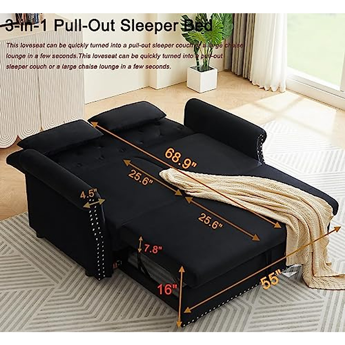 55"Convertible Loveseat Sofa Couch with Pull-Out Sleeper,3-in-1 Modern Love seat Couch Bed with Adjustable Backrest and 2 Pillows,Velvet 2 Seater Couch Bed for Small Spaces Living Room(Black)