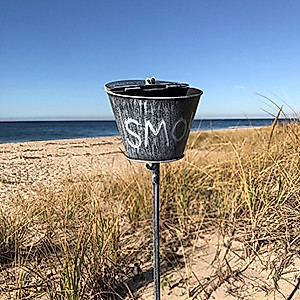 Outdoor Smoke Ashtray, Lidded Bucket on Stake with Prong Post, Garden Party Style, Gray Lacquered Iron, Rustic and Weathered Patina, 6 D x 43 1/4 H Inches