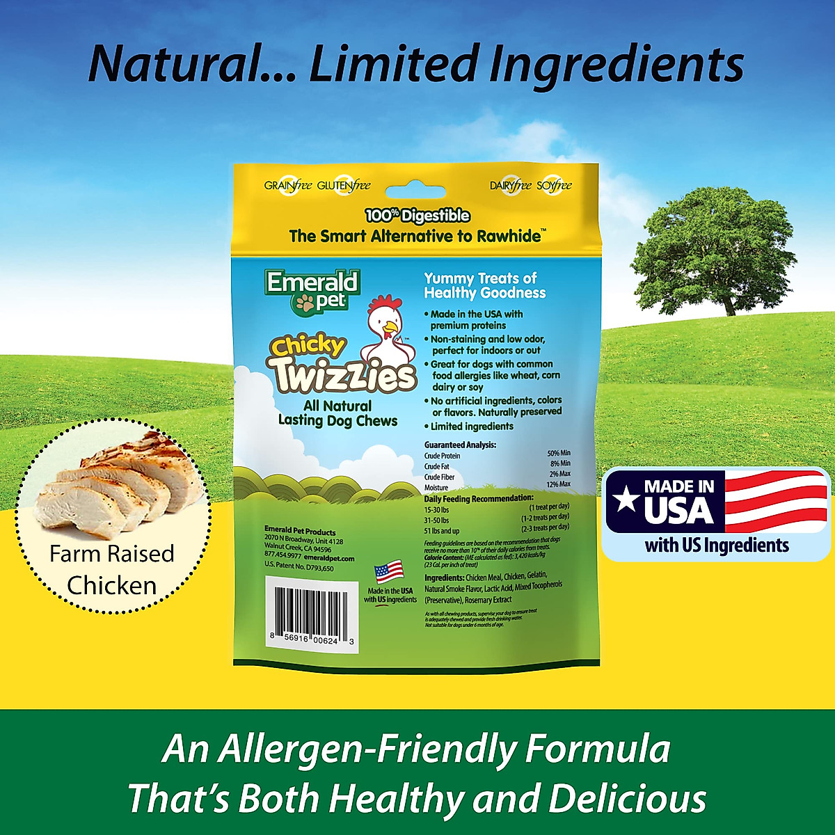 Emerald Pet Twizzies Dog Chews No Rawhide — Healthy and Tasty Rawhide Free Dog Chew Sticks — 100% Digestible, High Protein, Grain Free Dog Treats — Made in USA — Chicky, 6" Stick (6 Count/2 Pack)