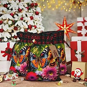 Christmas Gift Bags with Drawstring Burlap Gift Bags Butterfly and Floral Christmas Linen Bags for Xmas Party Candy Bags with Cards Xmas Reusable Wrapping Bags Christmas Linen Treat Bags for Holiday