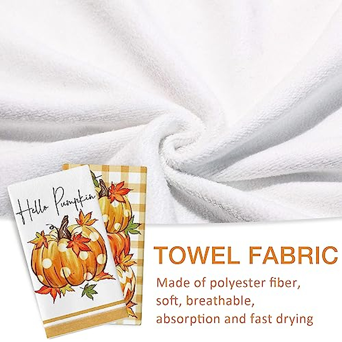Seliem Fall Hello Pumpkin Patch Kitchen Dish Towels Set of 2, Autumn Maple Leaves Hand Towels Buffalo Plaid Check Drying Baking Cooking Cloth, Farmhouse Thanksgiving Home Kitchen Decor 18x26 Inch