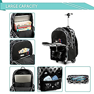 JSMNIAI Cute Cat Rolling Backpack for Girls Rolling Backpacks Set with Wheels Kids Luggage for Elementary Students with Lunch Box Travel Suitcase