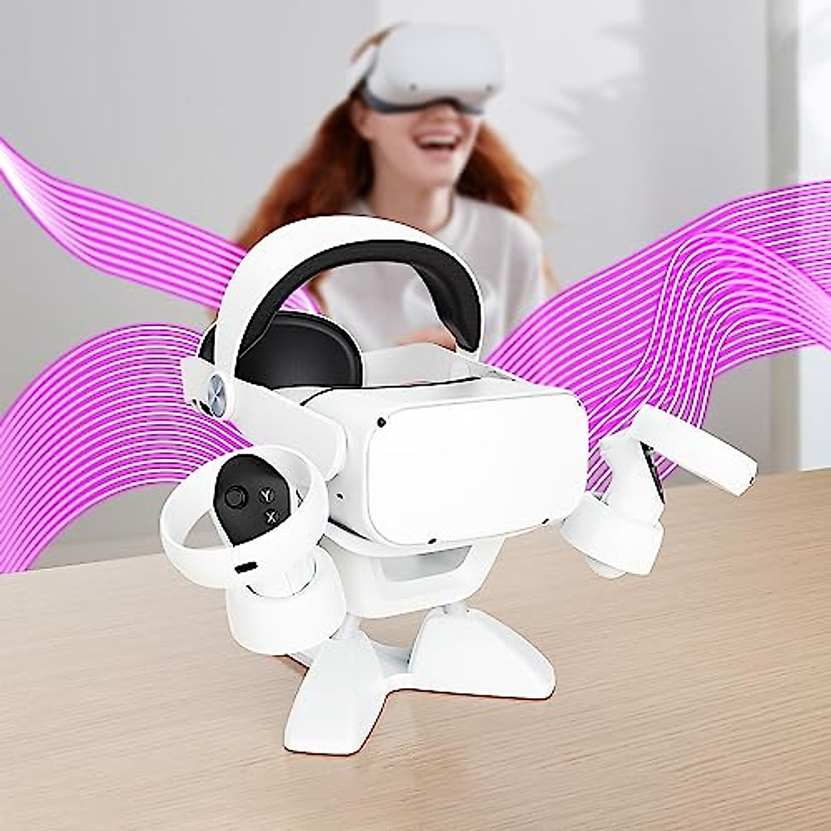 Vimetapro VR Stand Compatible with Quest 2 Rift S Rift GO Valve Index HTC Vive Vive Pro, Virtual Reality Headset Stand Storage and Touch Controllers Display Holder Accessories for Quest Gaming Headset