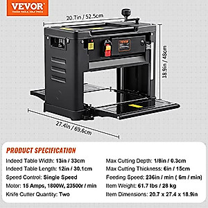 VEVOR Thickness Planer, Two-Blade, 13" Width Worktable Benchtop Planer, 15-Amp 1800W Powerful Motor, 12" Extended Infeeding Table, Low Noise for both hard & soft wood material removal