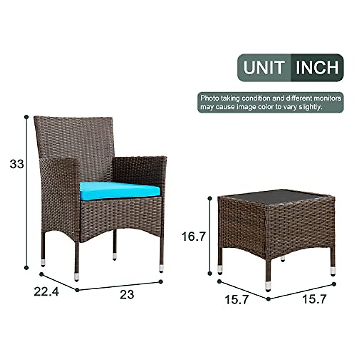 FDW Outdoor Patio Furniture Set，3 Pieces Wicker Bistro Set Outdoor Patio Set Rattan Chair Conversation Sets Patio Sofa Wicker Table Set for Yard Backyard Lawn Porch Poolside Balcony,Blue Cushion