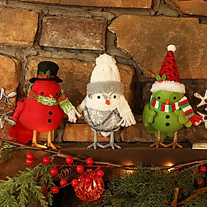 Prsildan Christmas Table Decorations Birds, Set of 3 Christmas Bird Figurine Table Top Decor, Green Red Gray Xmas Birds Ornaments for Winter Home Kitchen Fireplace Mantel Holiday Party