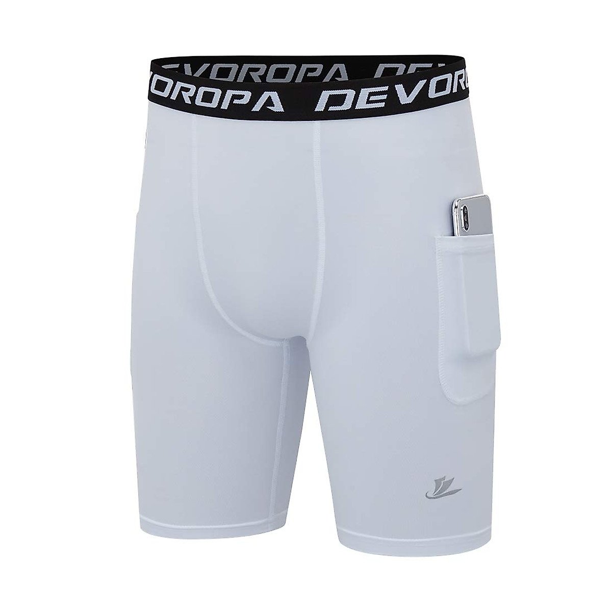 DEVOROPA Youth Boys' Compression Shorts Performance Athletic Base Layers Workout Training Underwear Side Pocket Black/White L (Pack of 2)