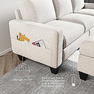 Lonkwa Convertible Sectional Sofa L-Shaped Couch, Beige Couches for Living Room with Reversible Chaise, 3-Seat Modern Linen Sectional Couch for Living Room/Apartment/Office/Small Space
