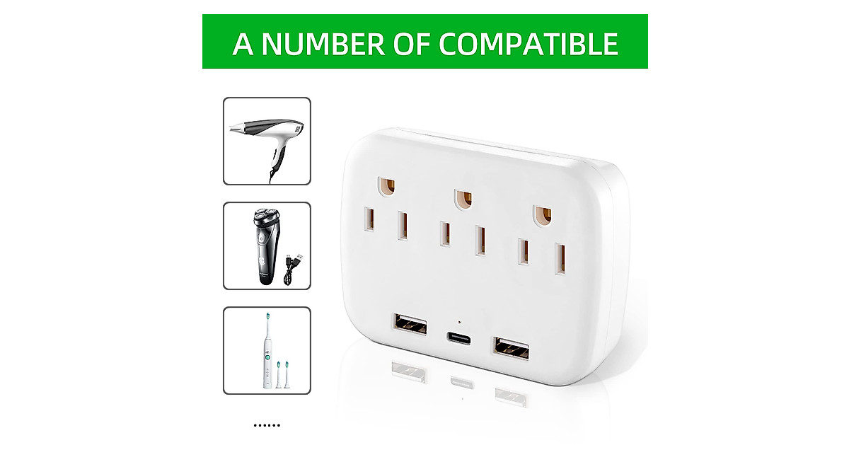 3 Prong Surge Protector Adapter with USB Port