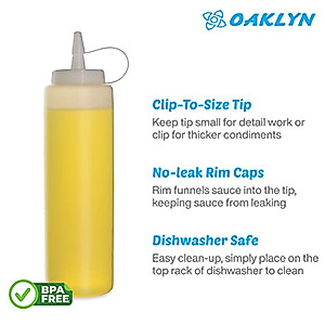 Oaklyn (3pk 24 oz Plastic Squeeze Squirt Condiment Bottles with Twist On Cap Lids - top dispensers for ketchup mustard mayo hot sauces olive oil - bulk clear bpa free bbq set