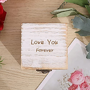 LONGNENG Wooden Ring Box for Wedding Rings and Couple Jewelry,Ring Bearer Box for Display or Personal Organizer,Engraved LOVE YOU FOREVER Lettering