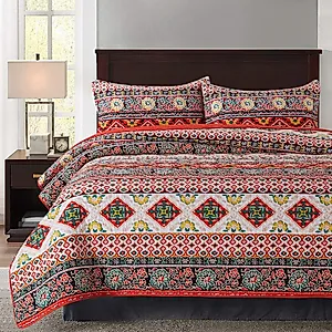 NEWLAKE Cotton Bedspread Quilt Sets-Reversible Patchwork Coverlet Set, European Boho Striped Pattern, Queen Size