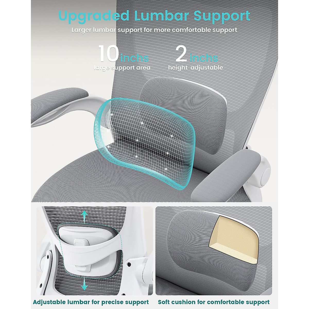 MUXX.STIL Office Chair, Ergonomic Desk Chair with Adjustable Lumbar Support and Flip up Armrest, Breathable Mesh Computer Chair for Home Office, Gray