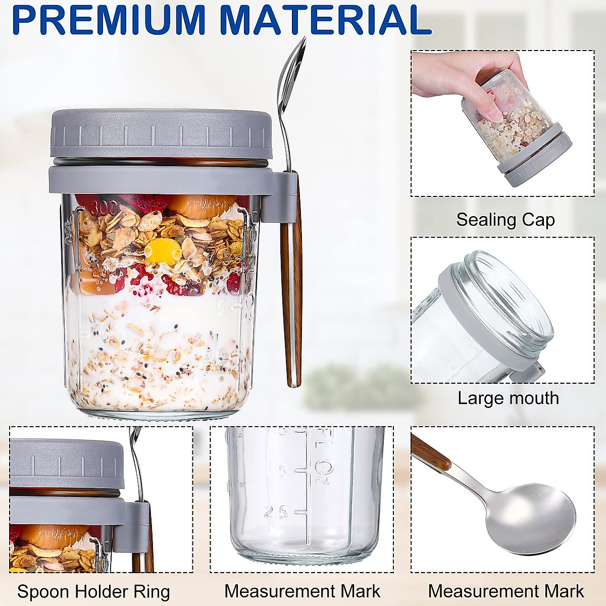 Irenare 9 Pcs Overnight Oats Containers with Lids and Spoons 12 oz Overnight Oats Jars Oatmeal Container Glass Mason Jars for Overnight Oats Meal Prep Yogurt Salad Fruit