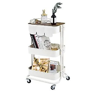 3-Tier Metal Utility Rolling Cart Storage Side End Table with Cover Board for Office Home Kitchen Organization, Cream White
