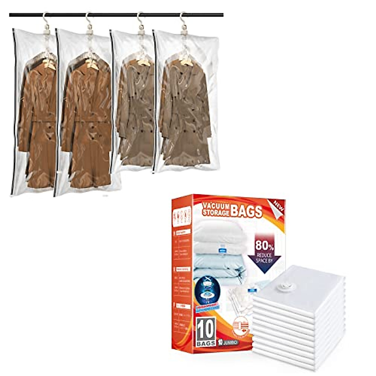 TAILI Hanging Vacuum Storage Bags Variety 4 Pack and Super Jumbo Vacuum Storage Bags 10 Pack, Meet Variety Storage Need, Protect Clothes and Bedding