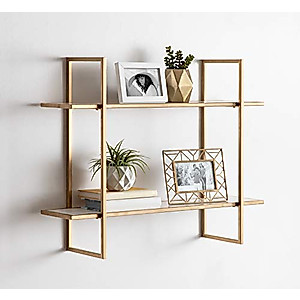Kate and Laurel Leigh Wood and Metal Wall Shelf, 30" x 24", White and Gold, Unique Modern Glam Home Decor with Efficient Storage Shelves for Smaller Spaces