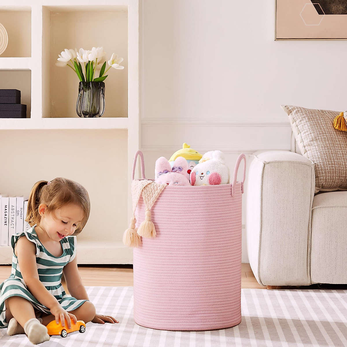 MOJOSCEND Pink Laundry Basket Hamper for Girls Kids Baby, 15Dx20H Inches Large Nursery Hamper Bin, Woven Storage Basket for Living Room Girls room, Boho Tall Rope Baskets for Blanket Toys-Large