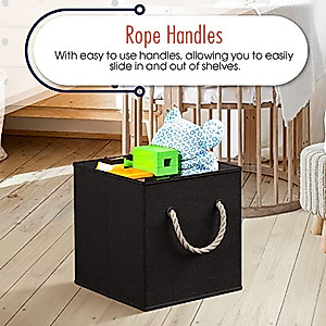 Ornavo Home Foldable Collapsible Storage Box Bins Linen Fabric Shelf Basket Cube Organizer with Rope Handles - Set of 6-13 x 13 x 13 - Black