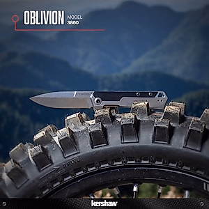 Kershaw Oblivion Pocket Knife, 3.5 Inch 8Cr13MoV Bead-Blasted and Stonewashed Blade, SpeedSafe Assisted Opening, Stainless Steel Glass-Filled Nylon Handle, Flipper, Frame Lock, Deep-Carry Pocketclip (