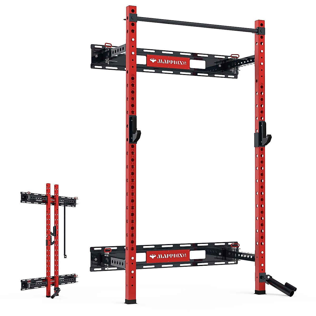 Mappding Folding Squat Rack Wall Mounted, 1100LBS Foldable Squat Power Rack Weight Cage with Pull Up Bar, J-Cups, Landmine and Partable Space Saving Free Standing for Home Gym Garage Workout, Red