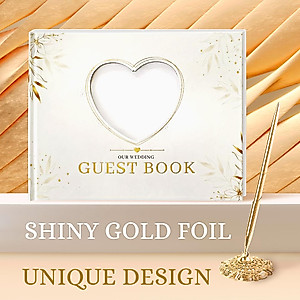 Wedding Guest Book and Elegant Guest Book Wedding Reception with Hardcover 8"x10", Guest Book for Wedding with Golden Pen with its Gold Metal Base, 100 Blank Pages for Wedding Guest Book Sign Include
