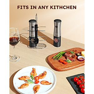 Sangcon Electric Salt and Pepper Grinder Set, Automatic Pepper Mills with LED Light, Battery Powered Salt and Pepper Shakers with Stand, Adjustable Coarseness, One-Handed Operation, Stainless Steel