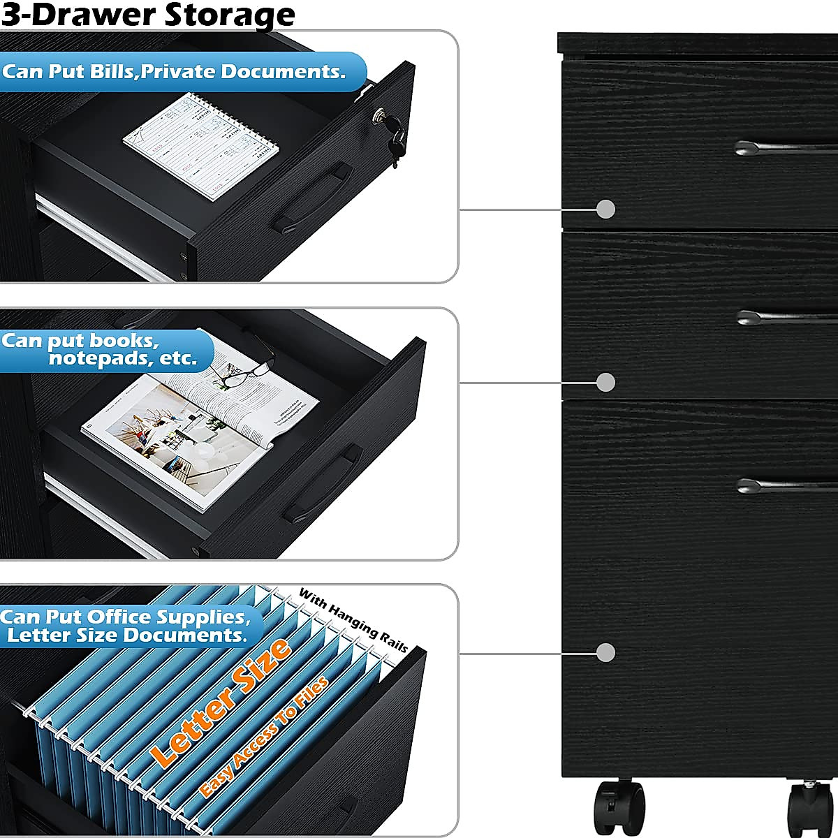 Panana 3 Drawer Wood Mobile File Cabinet, Under Desk Storage Drawers Small File Cabinet for Home Office (Black)