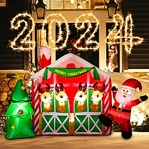 9 Ft Long Large Christmas Inflatable Santa Claus in Reindeer Stable with Christmas Tree, Blow Up Yard Decorations with LED Lights for Indoor Outdoor, Home, Xmas Party, Lawn, New Year