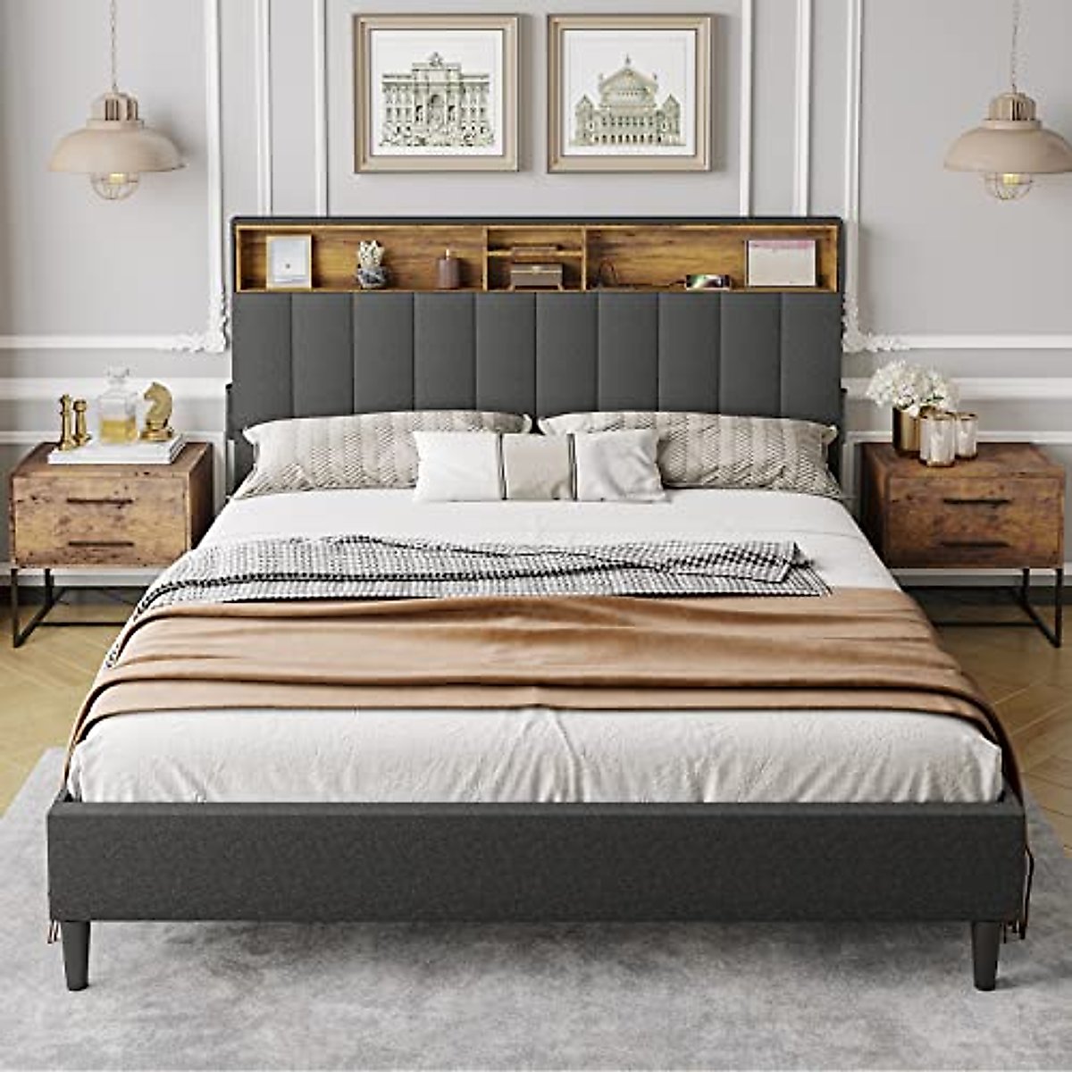 Tiptiper Full Size Bed Frame with Outlets, Platform Bed Frame with Storage Headboard and Height Adjustable, Fabric Upholstered Bed with Wooden Slat Support, No Box Spring Needed, Dark Grey