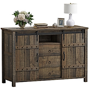REAHOME Buffet Cabinet with Storage, 48" Sideboard Buffet Cabinet with Sliding Barn Doors & 3 Drawers, Farmhouse Wood Coffee Bar Cabinet Buffet Table for Kitchen, Dining Room, Rustic Brown