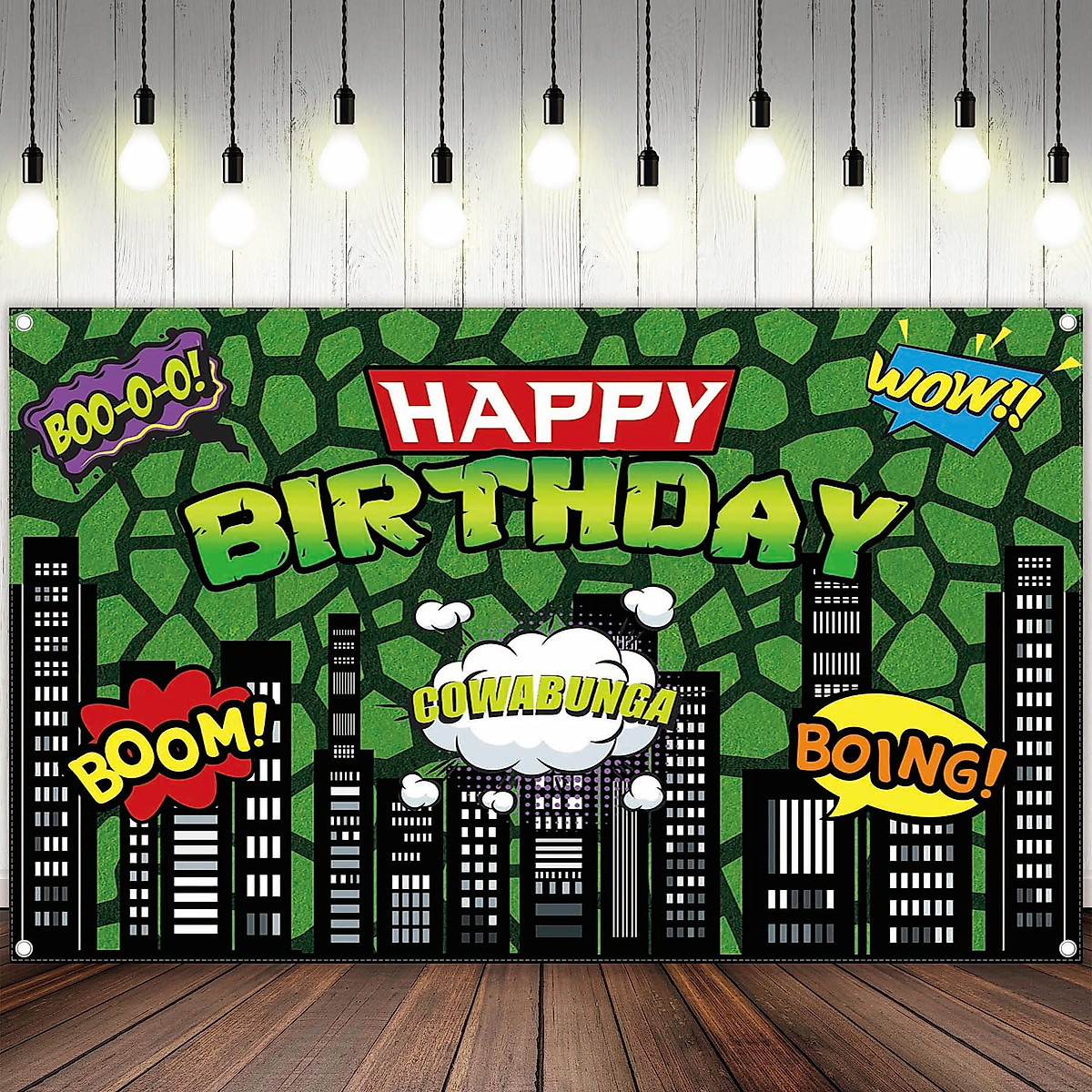 Yriujul 72x43inch Fabric Ninja Superhero Birthday Backdrop Green Comics Cityscape Buildings Photography Background Boy Kids Party Decorations Photo Banner Props
