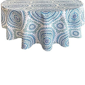 Newbridge Blue Circle Stitch Contemporary Boho Chic Print Indoor/Outdoor Soil Resistant Fabric Tablecloth, 60” X 84” Oval, Blue