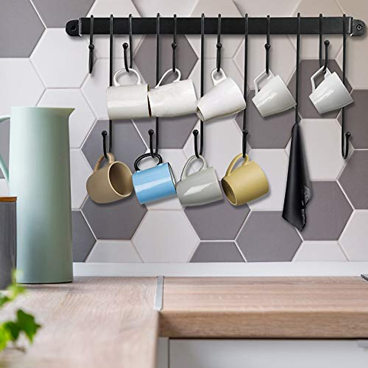 N/C Wall Mounted Coffee Mug Holder｜Coffee Cup Rack with 12 Detachable Hanging Hooks for Kitchen Organizer and Storage, Mug and Cup Display Hanger