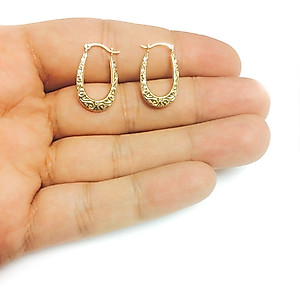 10k Yellow Gold Shiny Swirl Design Oval Hoop Earrings, Length 20mm